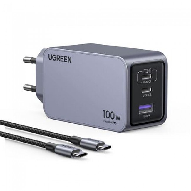 Cargador Ugreen Nexode Pro 3 puertos USB GaN 100W Gris